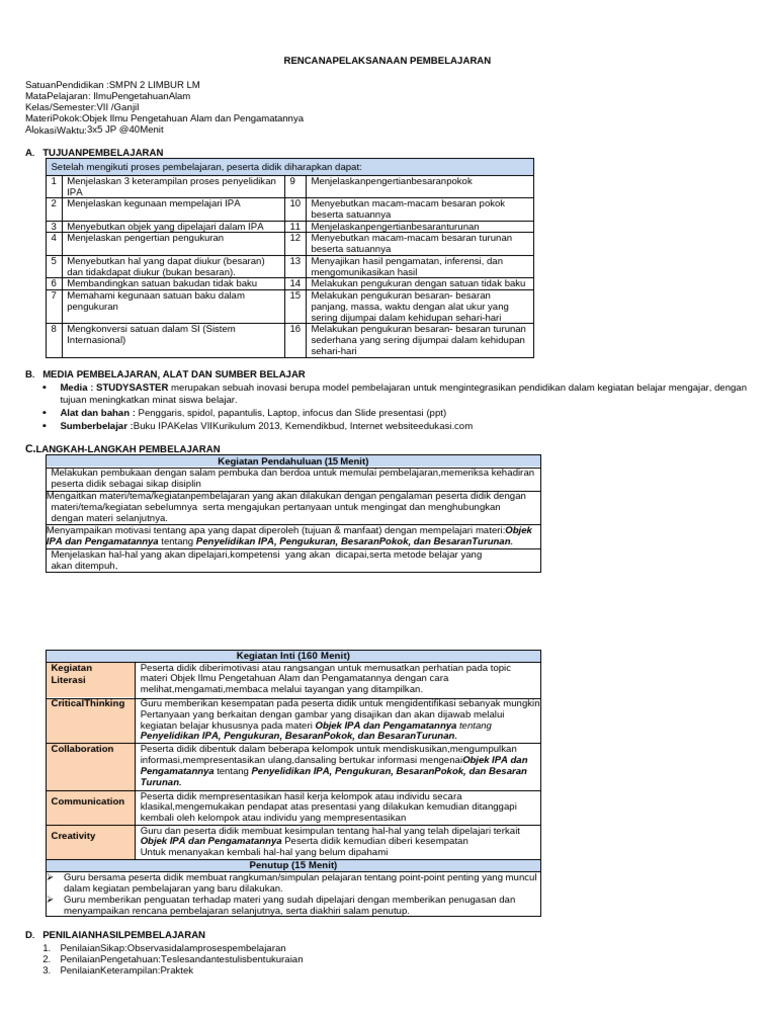 RPP IPA Kelas VII: Objek dan Pengukuran | PDF | Seni | Pengembangan Diri