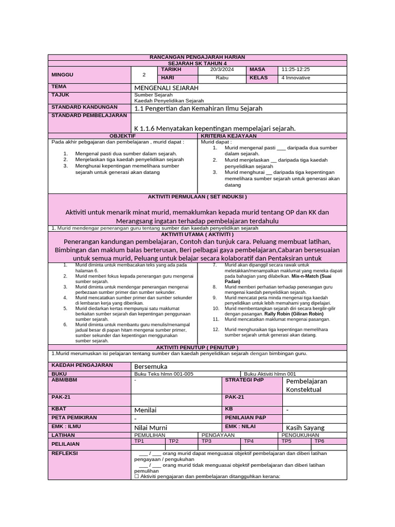 RPH Minggu 2 Sejarah THN 4 | PDF