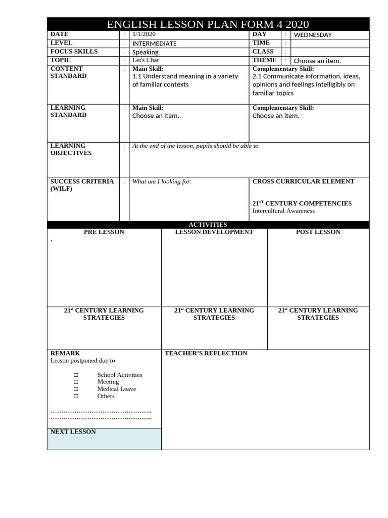 English Lesson Plan Template F4 | PDF | Career & Growth