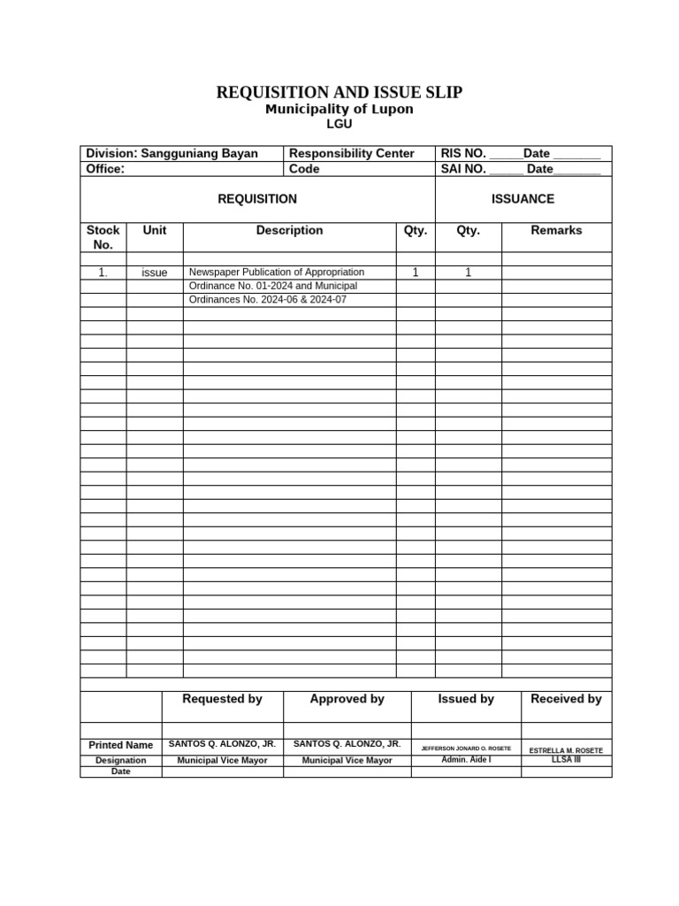 Lupon Municipality Requisition Slip | PDF