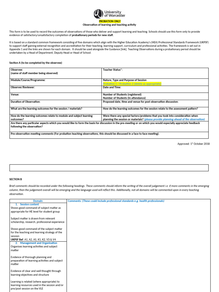 Probation Teaching Observation Form FINAL | PDF | Learning | Cognition