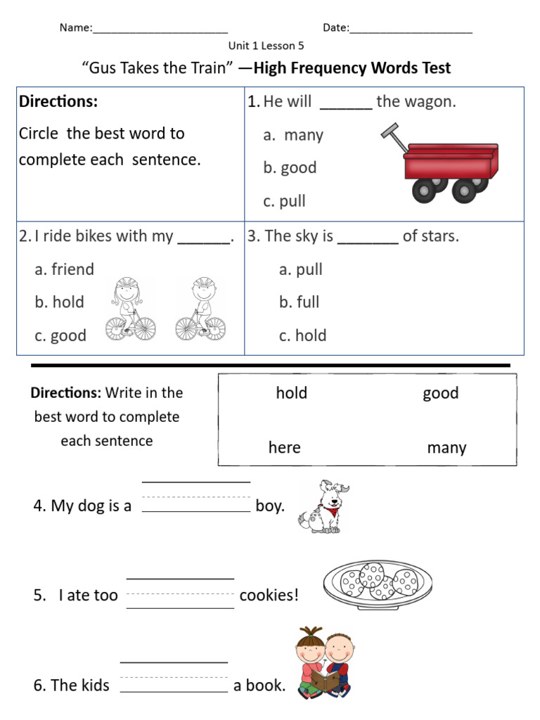 5 - Gus Takes The Train - Vocabulary & Comprehension Test - Quiz ...