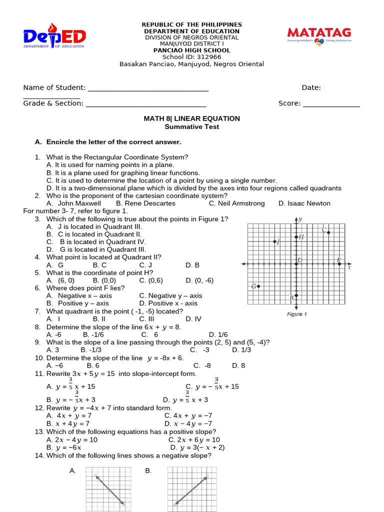 Math 8 Summative Test: Linear Equations | PDF | Cartesian Coordinate ...