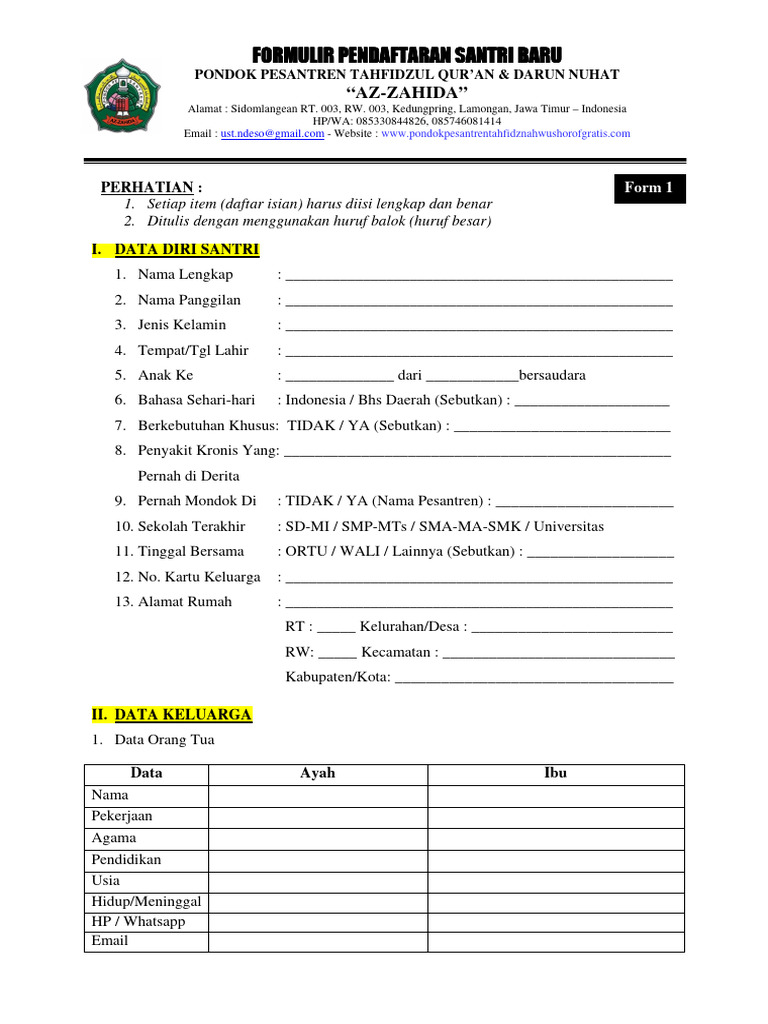 Formulir Pendaftaran Santri Baru Pondok Pesantren Tahfidzul Quran Darun ...