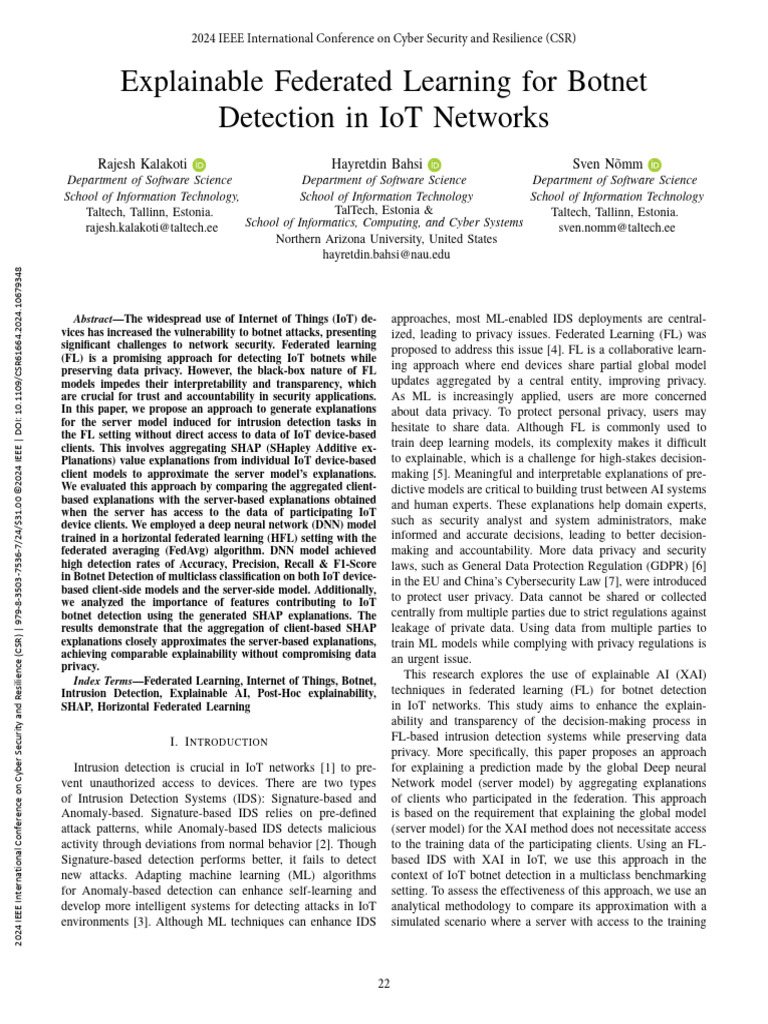 Explainable Federated Learning For Botnet Detection In Iot Networks Pdf Internet Of Things