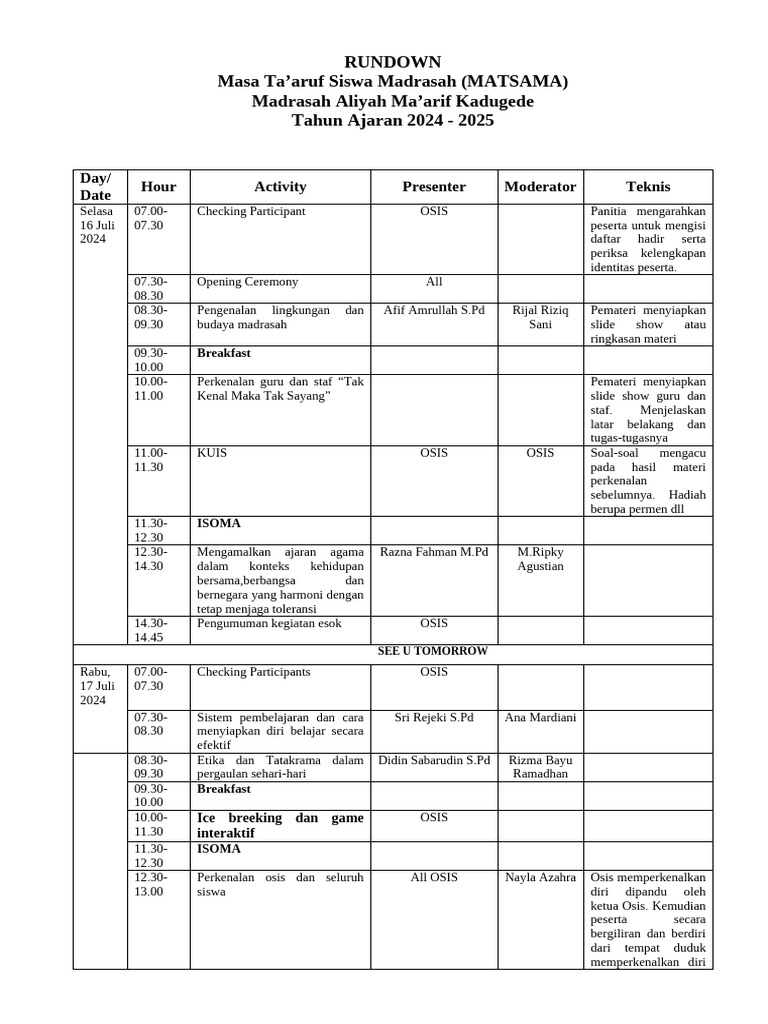 Rundown MATSAMA MA Ma'arif 2024-2025 | PDF