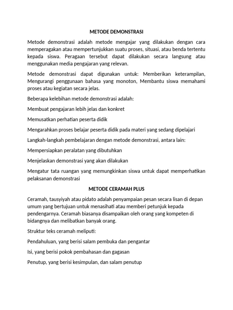 Metode Demonstrasi, Ceramah Plus Dan Peer Teaching. | PDF