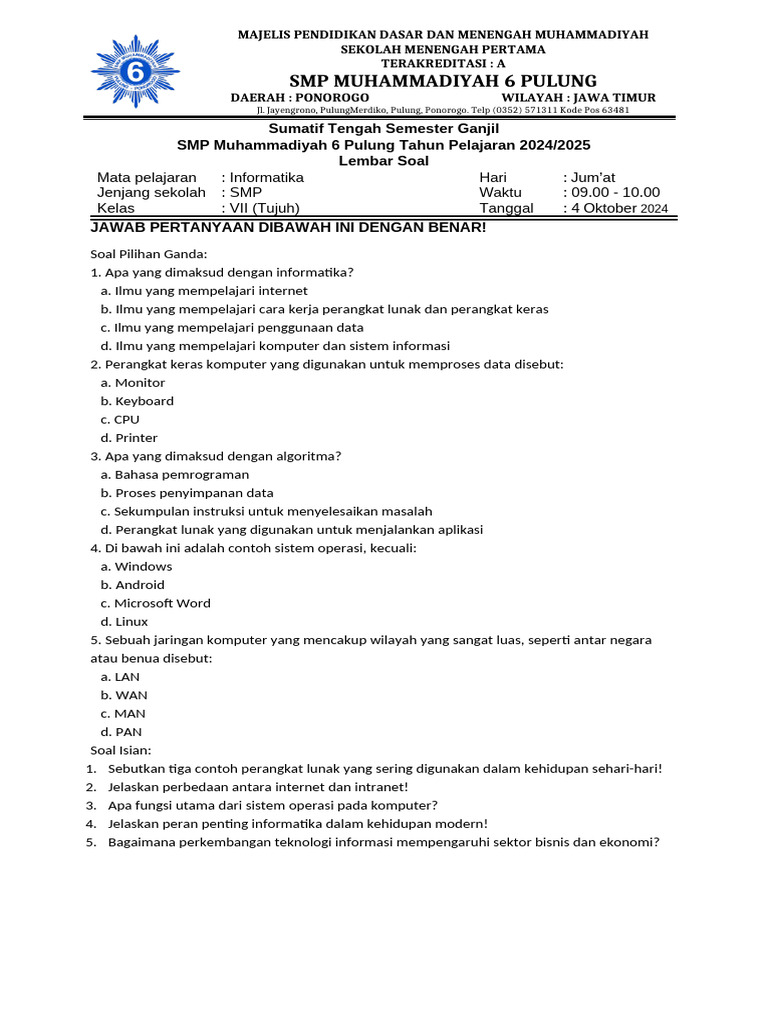 STS Informatika Kelas 7 Ganjil 2024-2025 | PDF | Komputer