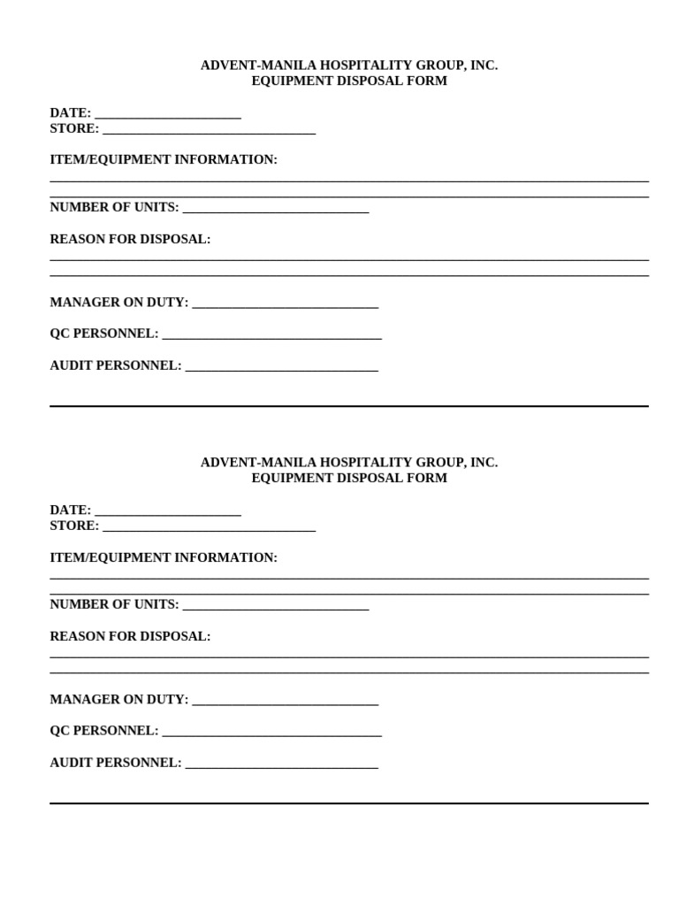 Advent Manila Equipment Disposal Form | PDF