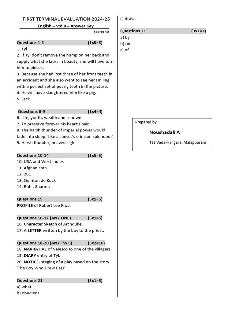 Std 8 English Answer Key | PDF