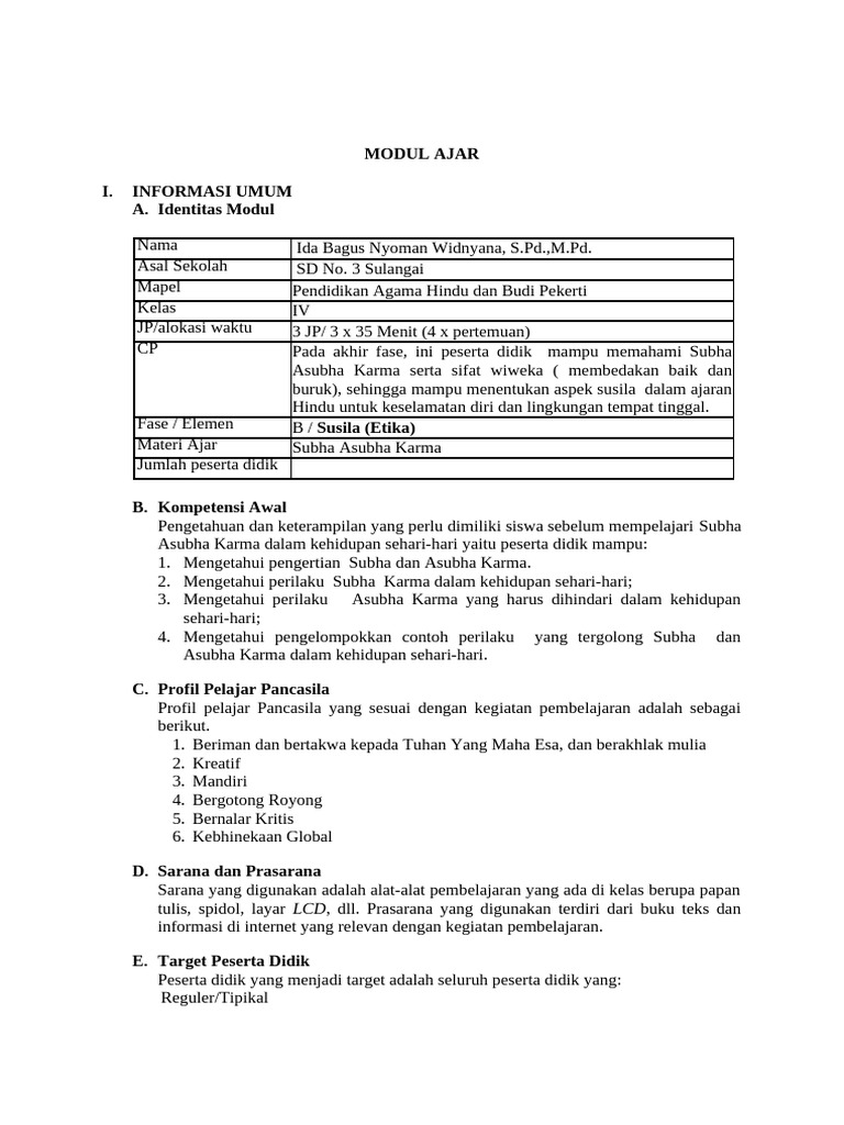 Modul Ajar Subha Asubha Karma | PDF