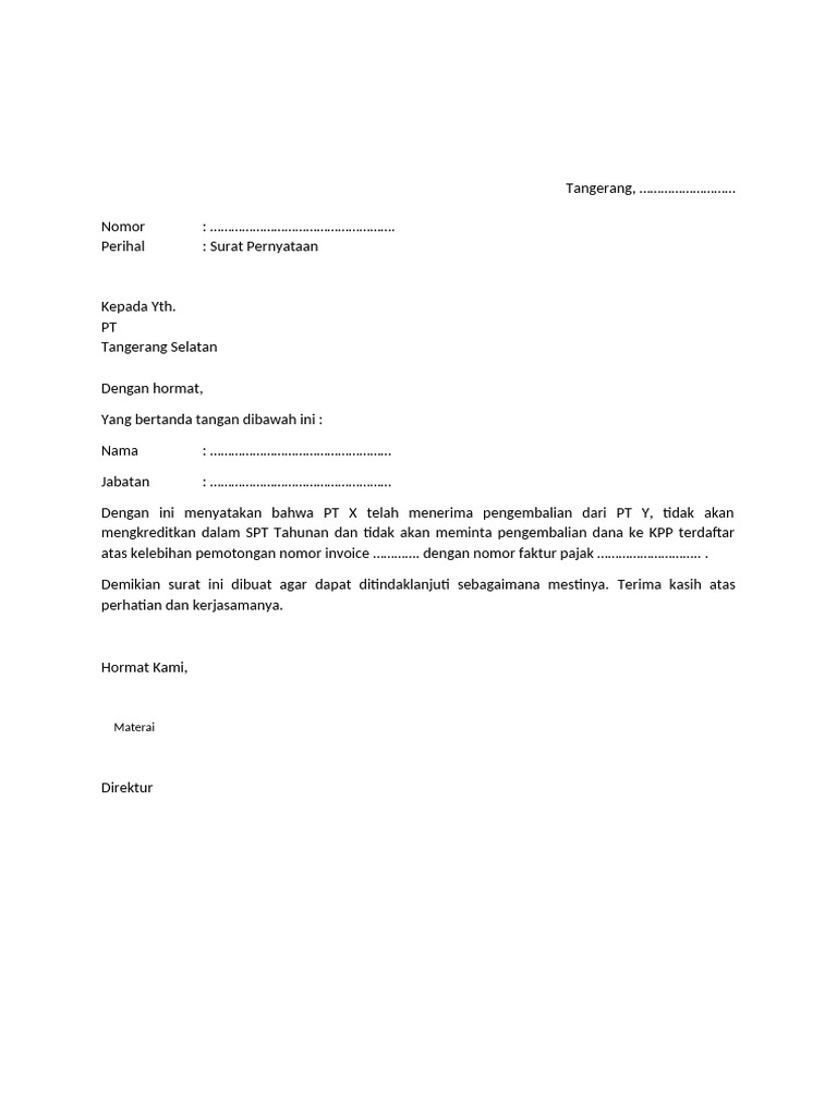 Draft Surat Pernyataan Pembatalan Bukti Potong PPH 23 | PDF