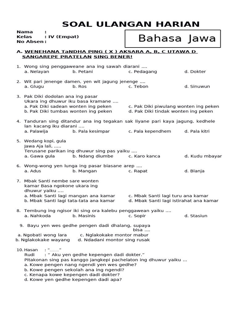 Soal UAS Bahasa Jawa Kelas 4 SD Semester 1 (Ganjil) Dan Kunci Jawaban | PDF