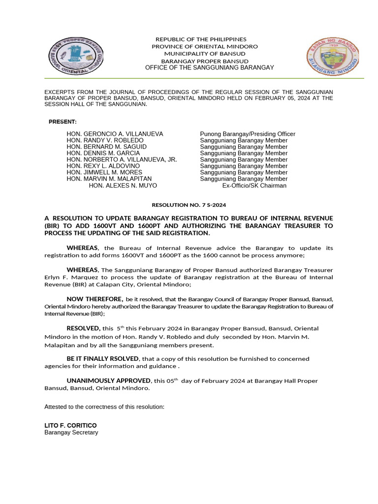 Barangay Registration Update Resolution | PDF