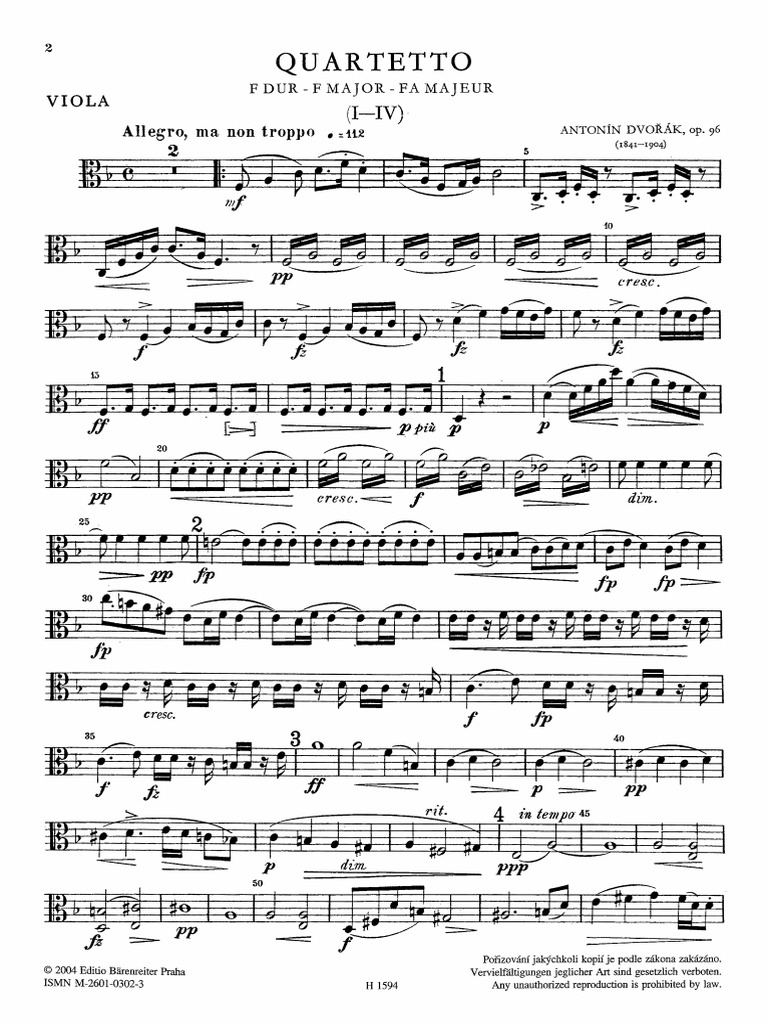 American Quartet (Dvorak String Quartet No 12 Op 96) Vla | PDF