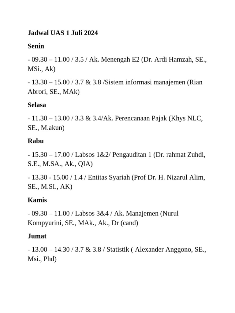 Jadwal UAS 1 Juli 2024 | PDF