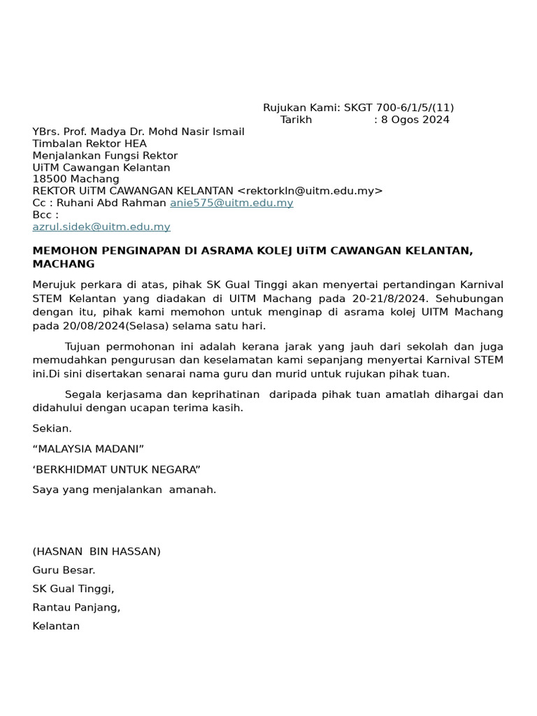 Permohonan Penginapan Asrama UiTM Kelantan | PDF
