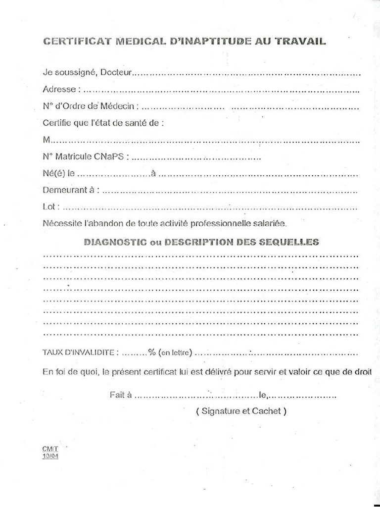 Certificat Médical D'inaptitude Au Travail | PDF