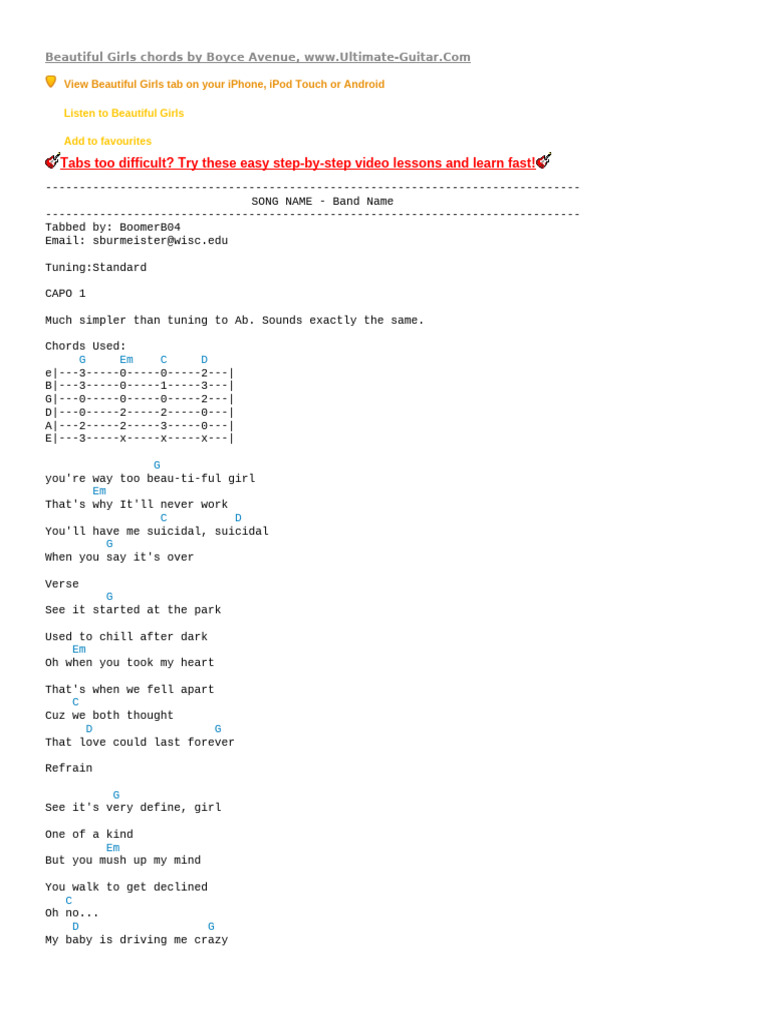 Beautiful Girls Chords by Boyce Avenue 02 | PDF