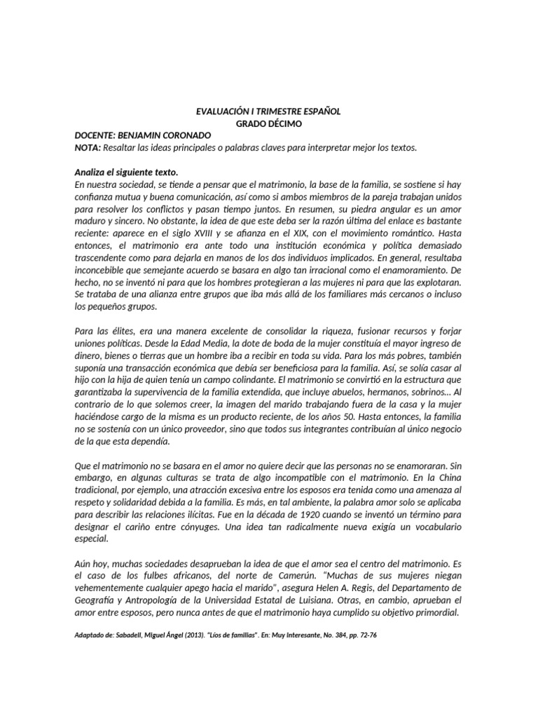 Eval 10° I Trimestre Español | PDF | Amor | Familia