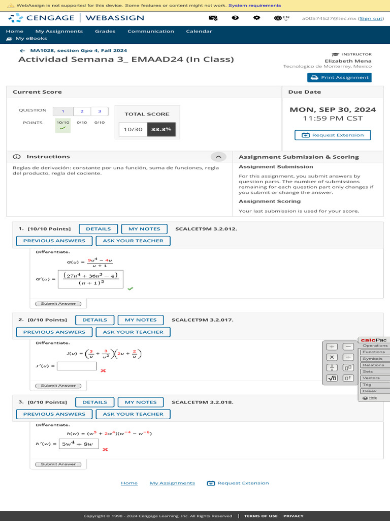 Actividad Semana 3 - EMAAD24 - MA1028, Section Gpo 4, Fall 2024 WebAssign | PDF