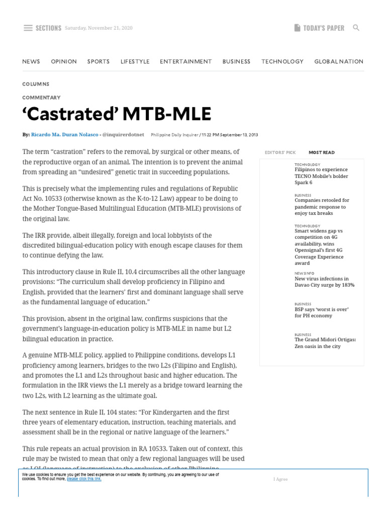 Castrated' MTB-MLE - Inquirer Opinion | PDF | Second Language | First Language
