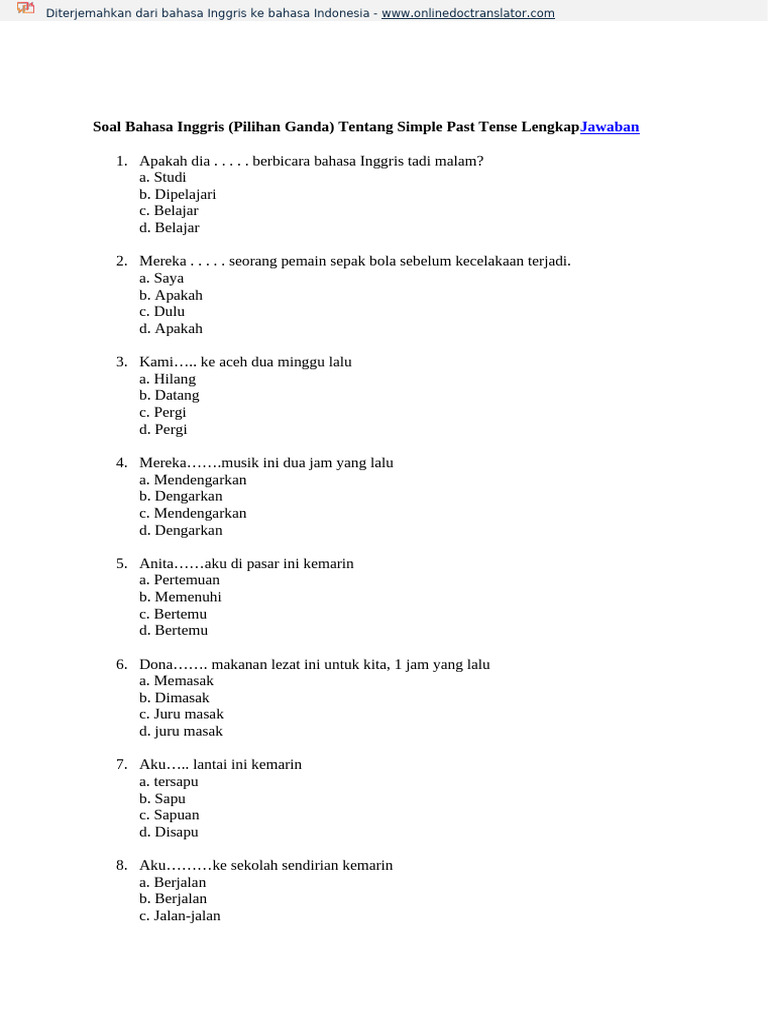 397844931-50-Soal-Bahasa-Inggris-Simple-Past-Tense (1) .En - Id | PDF