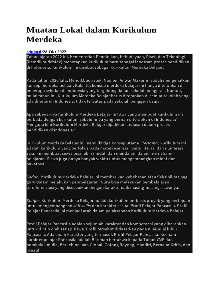 P5 Muatan Lokal Dalam Kurikulum Merdeka | PDF