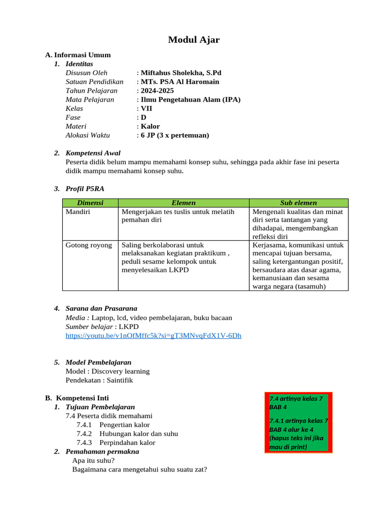 Modul Ajar IPA KALOR | PDF
