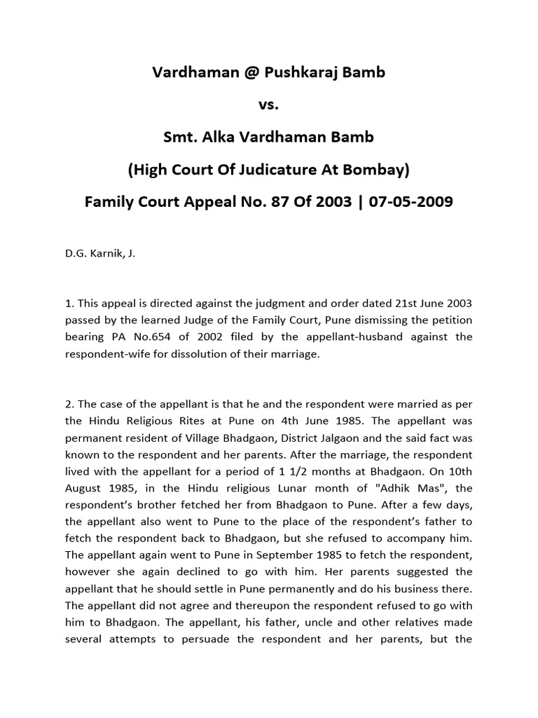 Divorce Appeal: Vardhaman vs. Bamb Case | PDF | Appeal | Judgment (Law)