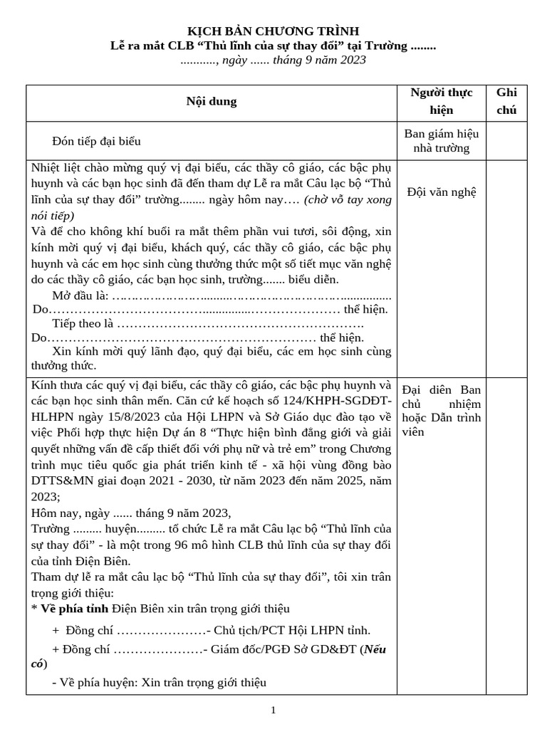Kich Ban Chuong Trinh Ra Mat CLB Thu Linh | PDF