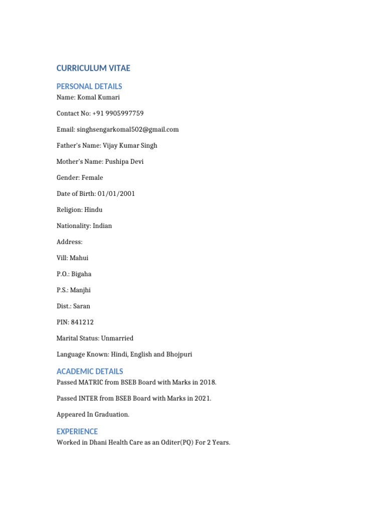 Komal Kumari CV | PDF