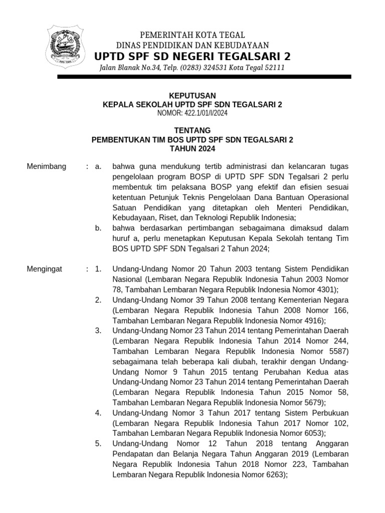 (Panduanmengajar - Com) - Contoh SK Tim BOS Sekolah 2024 | PDF