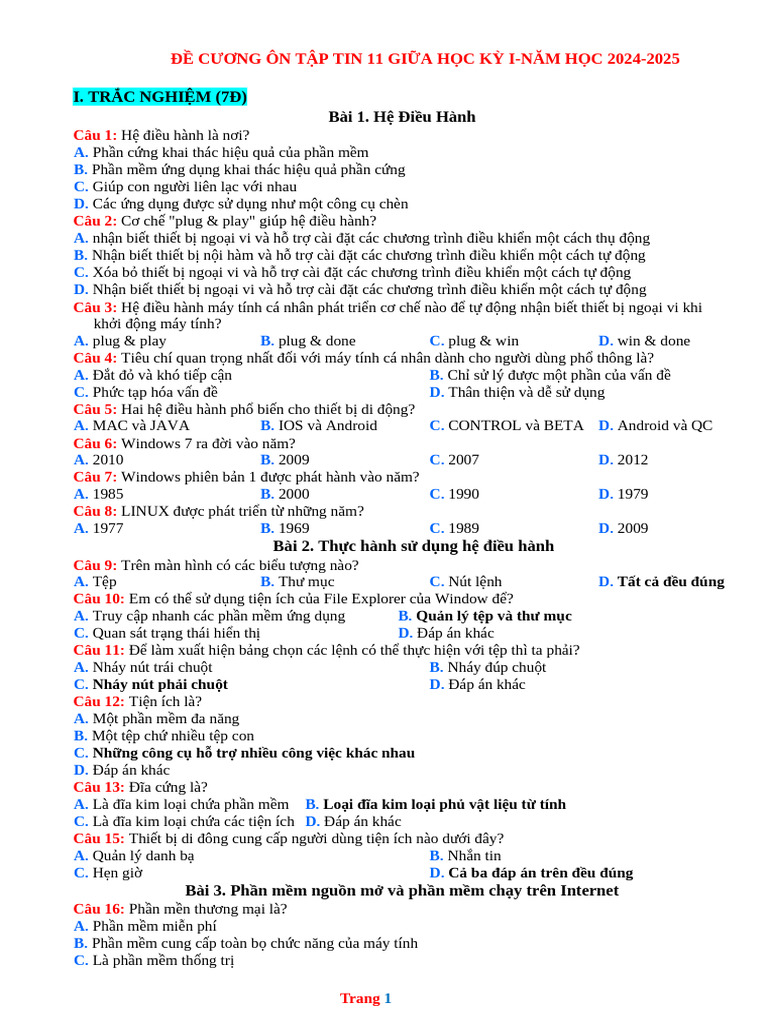 5.tin 11 - de Cuong On Tap Giua HK1 2024 2025 | PDF