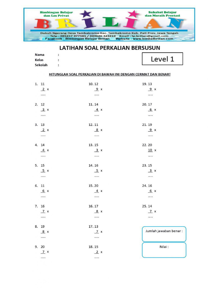 Soal Perkalian Bersusun Level 1 WWW - Bimbelbrilian.com 1004x1536 | PDF