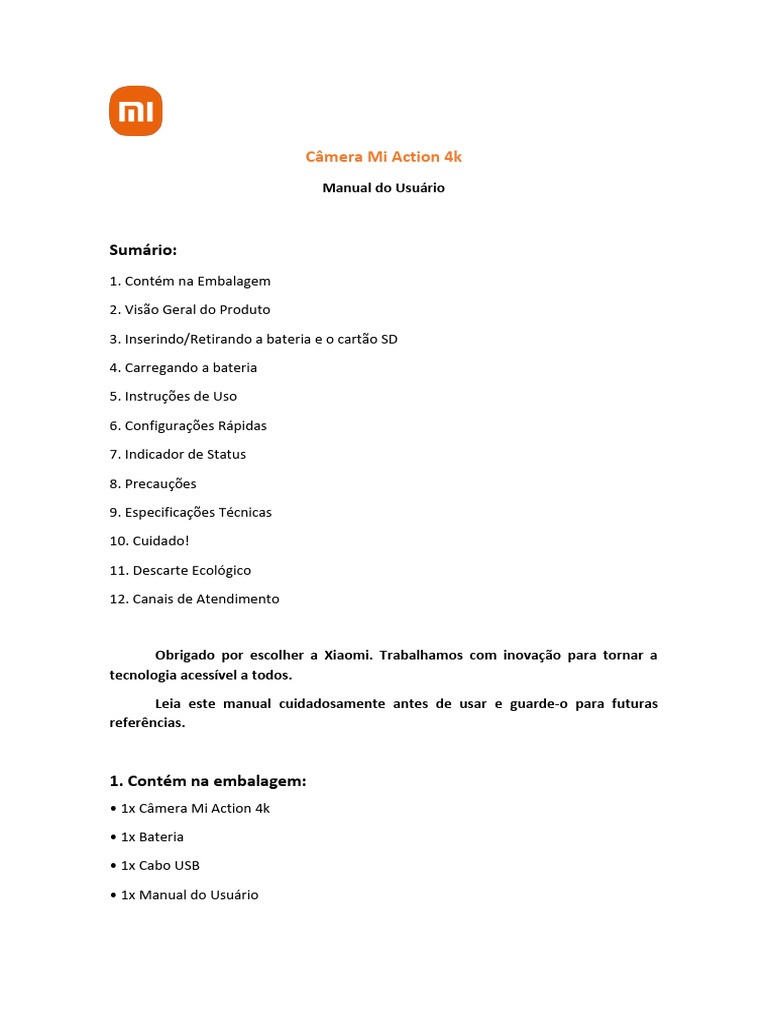 Manual da Câmera Mi Action 4K | PDF | Câmera | USB