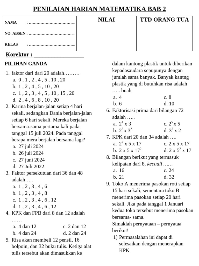 Penilaian Harian MTK Bab 2 | PDF