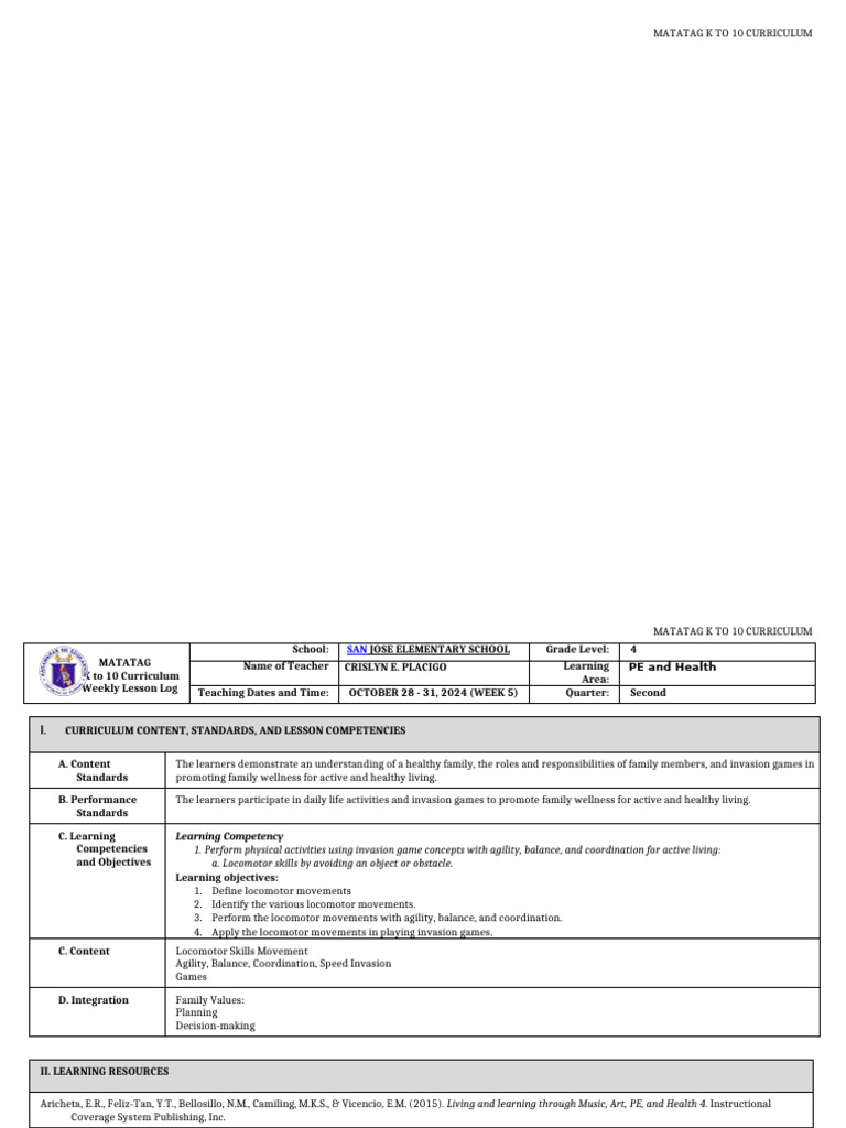 DLL Matatag - Pe & Health 4 Q2 Week5-6 | PDF | Curriculum | Physical Education