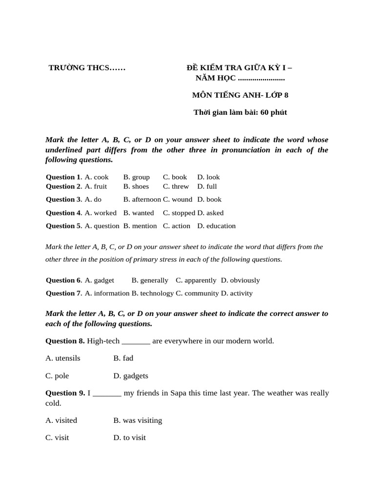 De Thi GHK 1 Tieng Anh 8 1 | PDF | Senses | Fashion