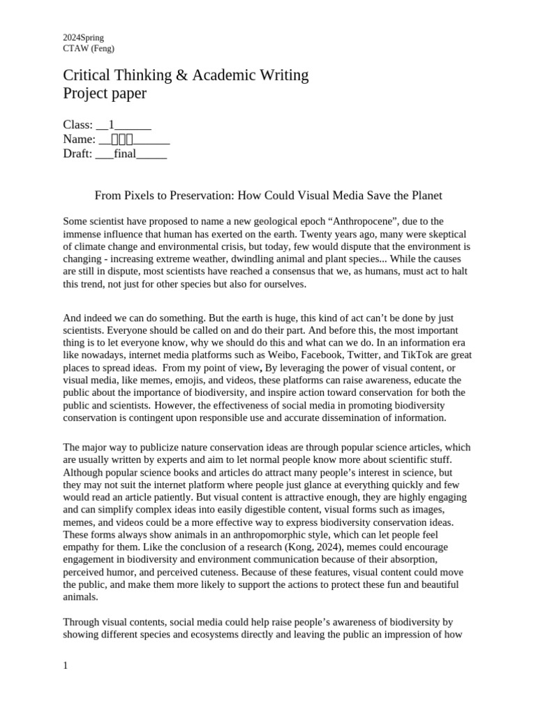 Project Paper Final Draft | PDF | Biodiversity | Nature
