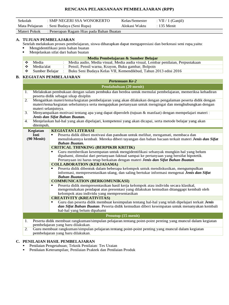 RPP Seni Budaya Seni Rupa Kelas Vii 2 | PDF | Karier & Perkembangan | Seni