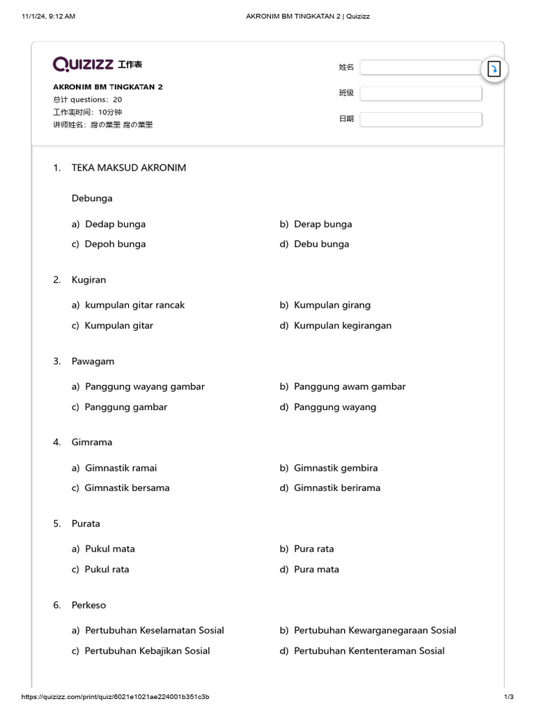 AKRONIM BM TINGKATAN 2 - Quizizz | PDF