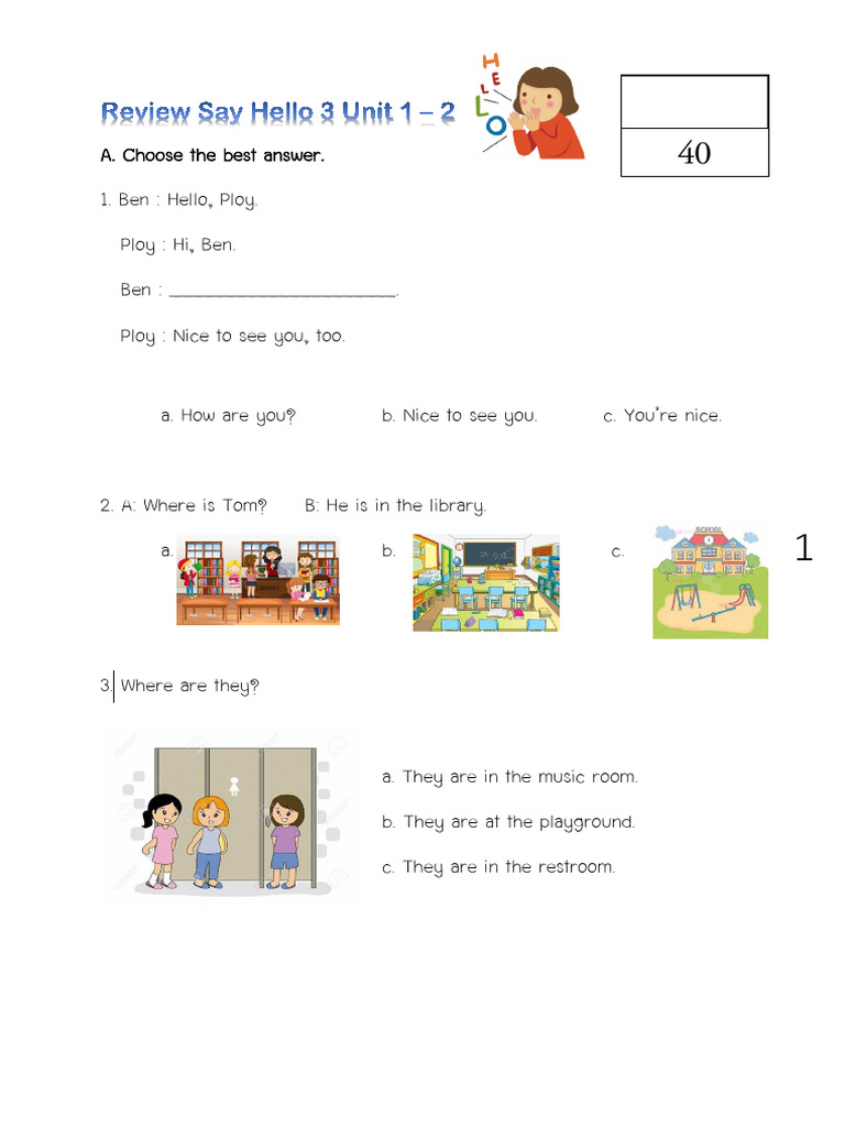 ข้อสอบ Say Hello 3 ทบทวน Unit 1 My School และ Unit 2 At School | PDF