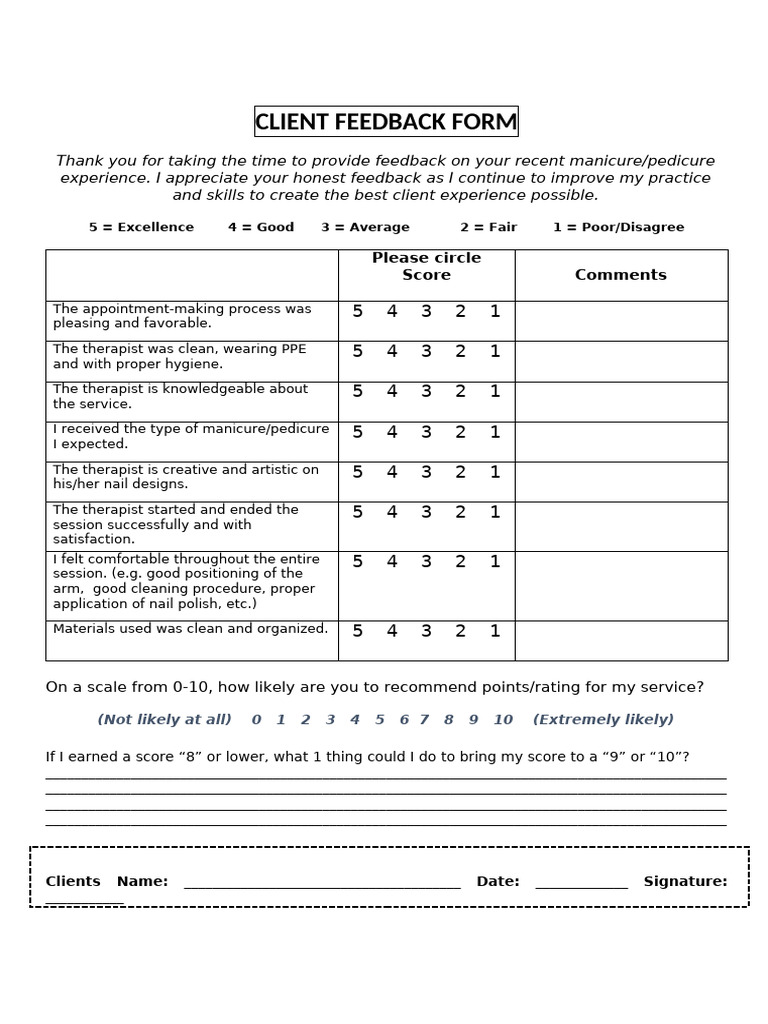 Client Feedback Form for Manicure/Pedicure | PDF