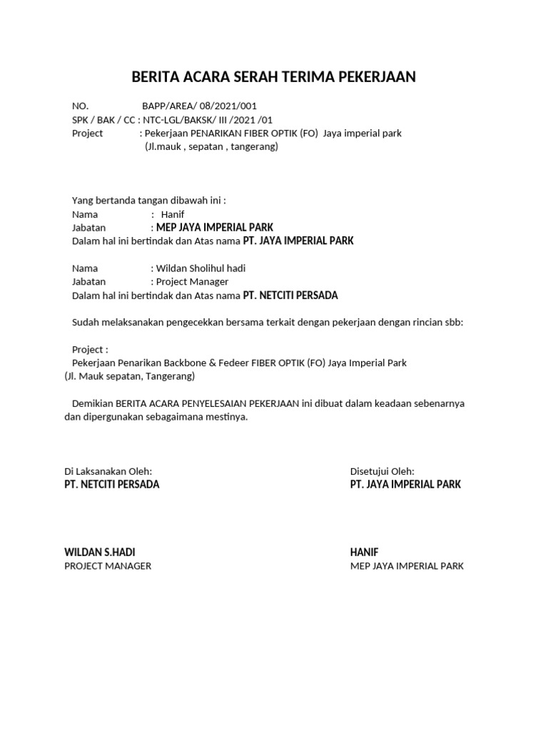 Berita Acara Penyelesaian Pekerjaan | PDF