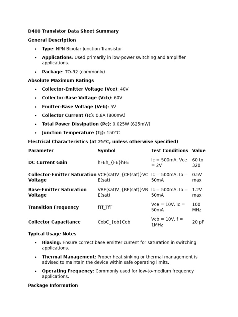 D400 Transister Datasheet | PDF