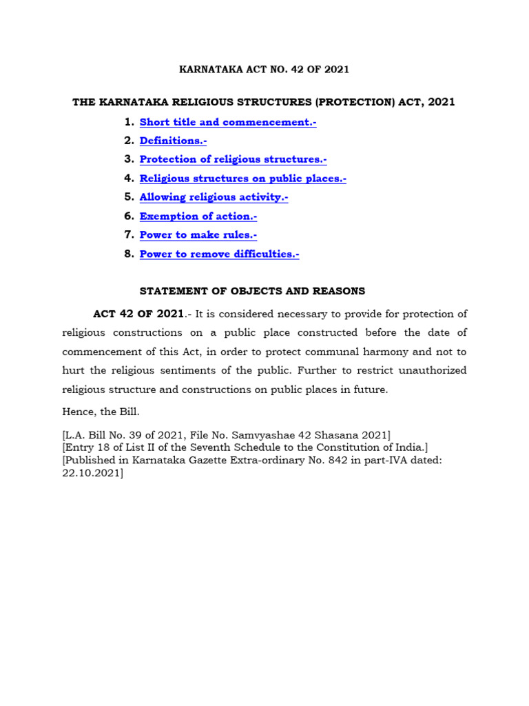 Karnataka Religious Structures Act | PDF | Political Charters | Statutory Law