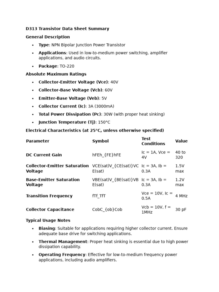 D313 Transistor Datasheet Overview | PDF