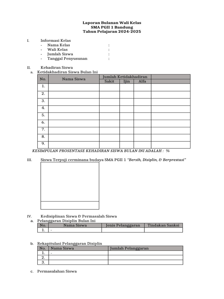 Format Laporan Bulanan Wali Kelas 24-25 | PDF