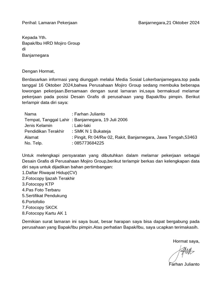 Surat Lamaran Pekerjaan Farhan Julianto - 20241021 - 100726 - 0000 | PDF